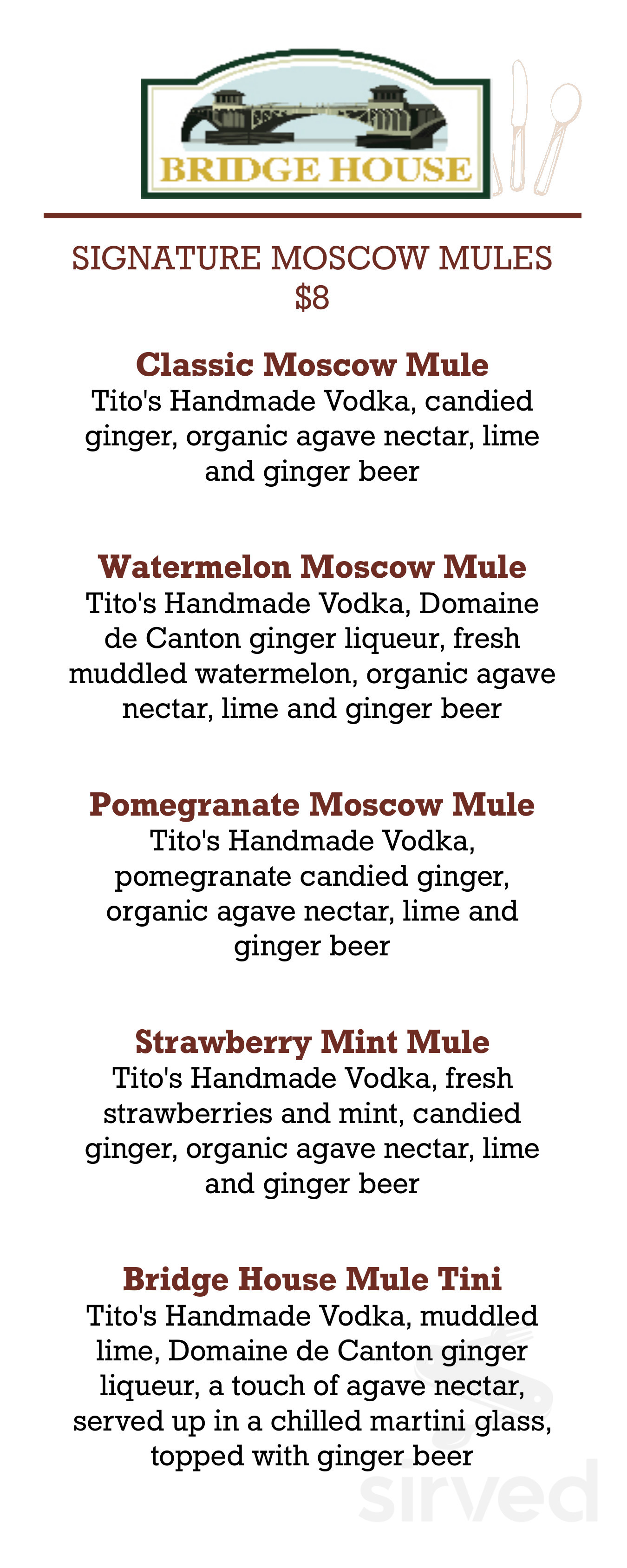 Bridge House Restaurant menu in Milford, Connecticut, USA