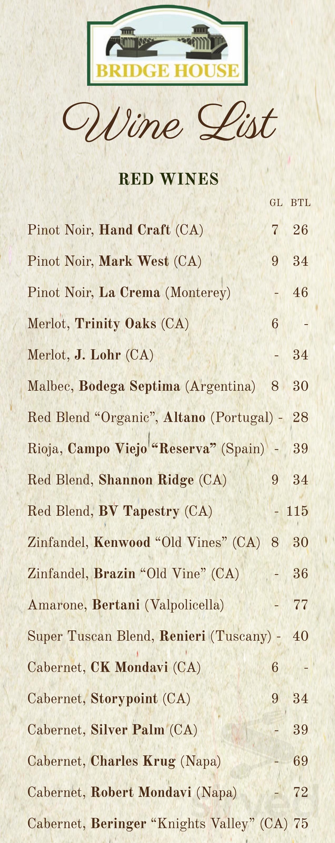 Bridge House Restaurant menu in Milford, Connecticut, USA