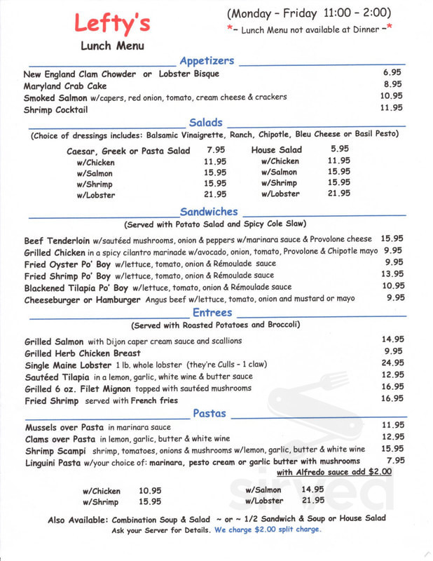 Menu for Lefty's Lobster and Chowder House in Addison, TX | Sirved