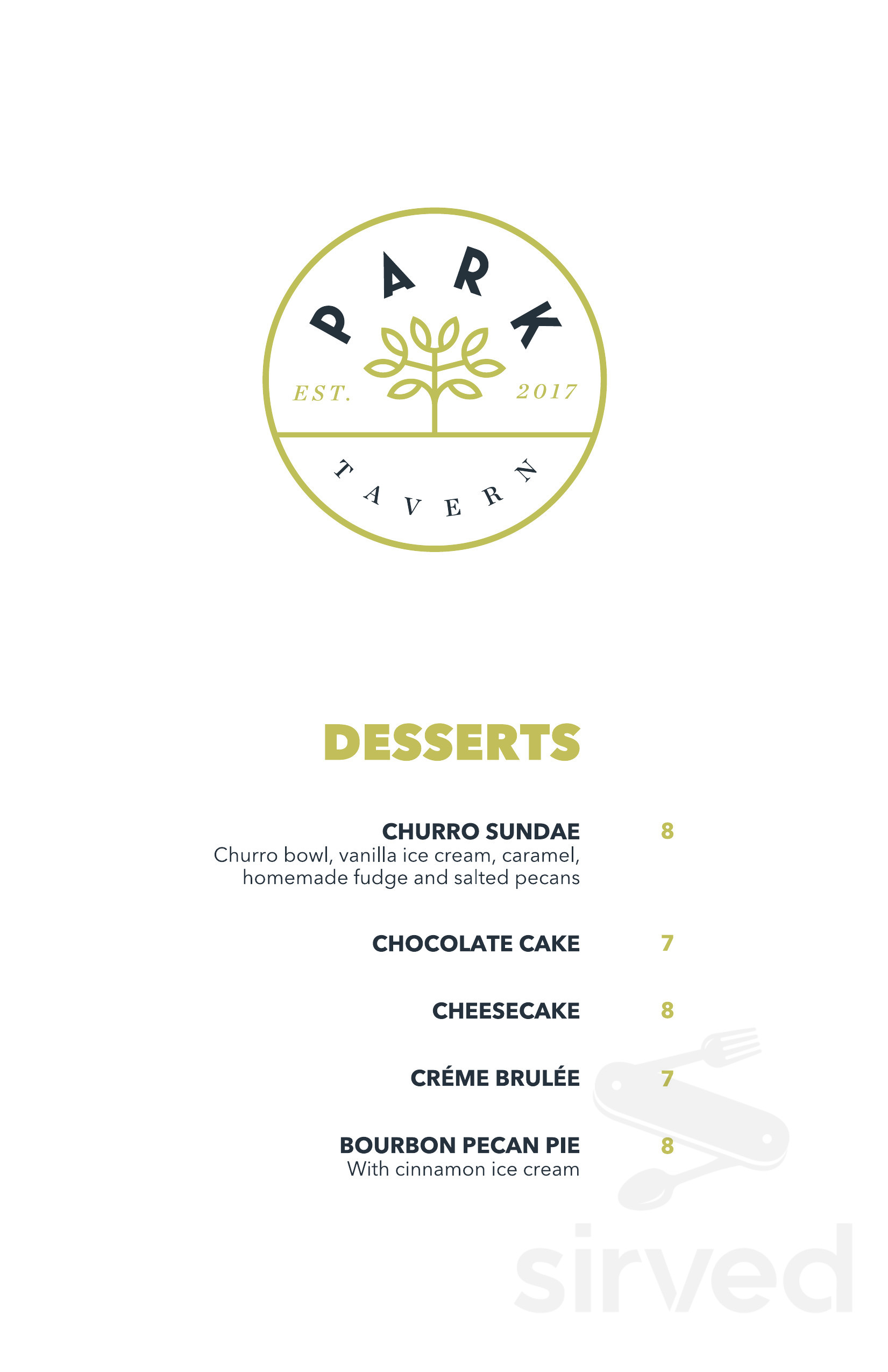 Park Tavern menu in El Paso, Texas, USA