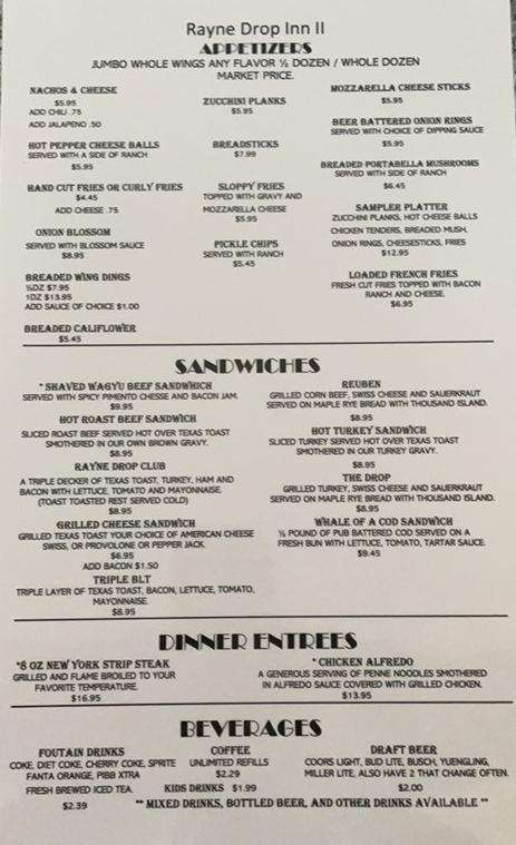 Rayne Drop Inn II menu in Marion Center, Pennsylvania, USA