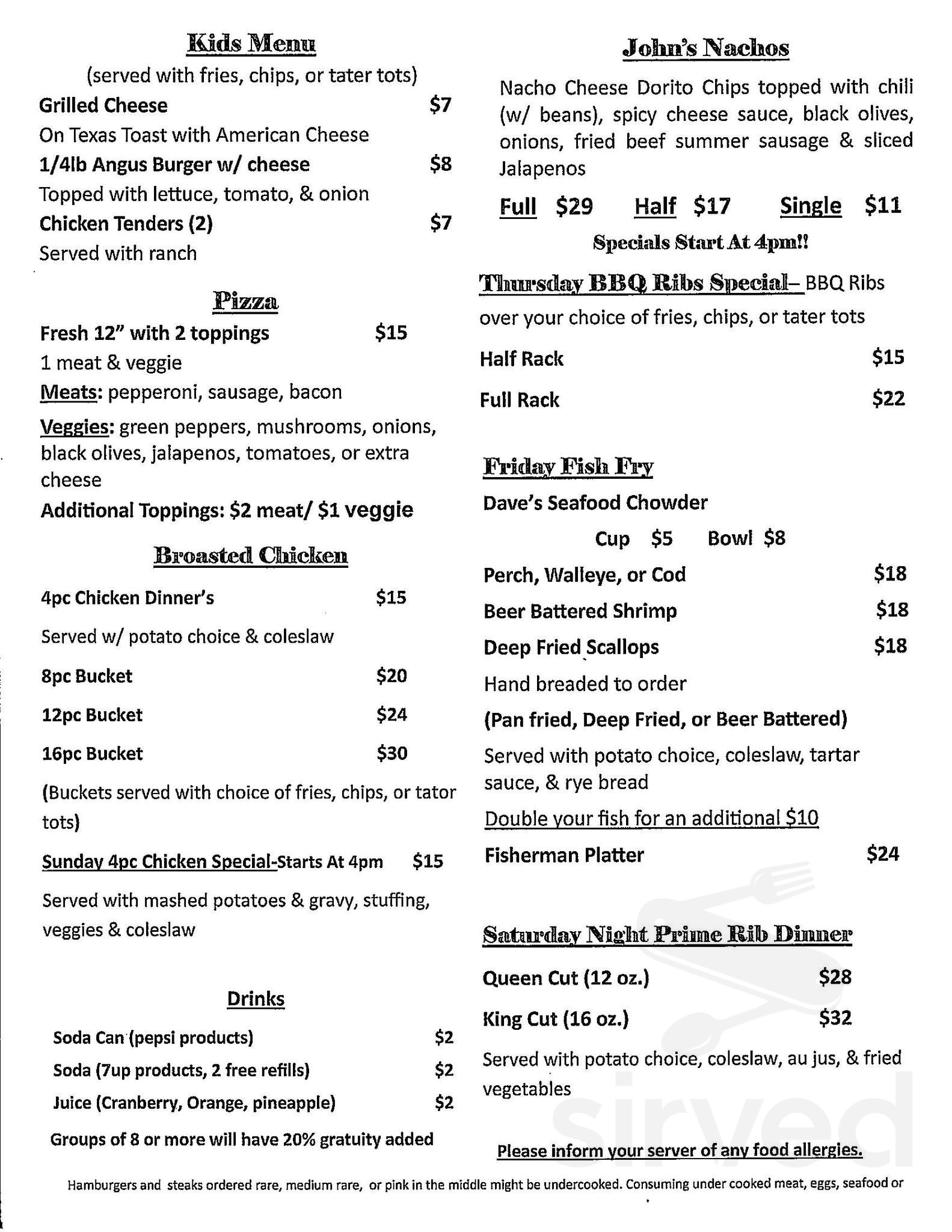 Menu - Maplewood WI's Johnny G's Pub & Grill | Sirved