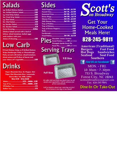 Scott's On Broadway menu in Forest City, North Carolina, USA