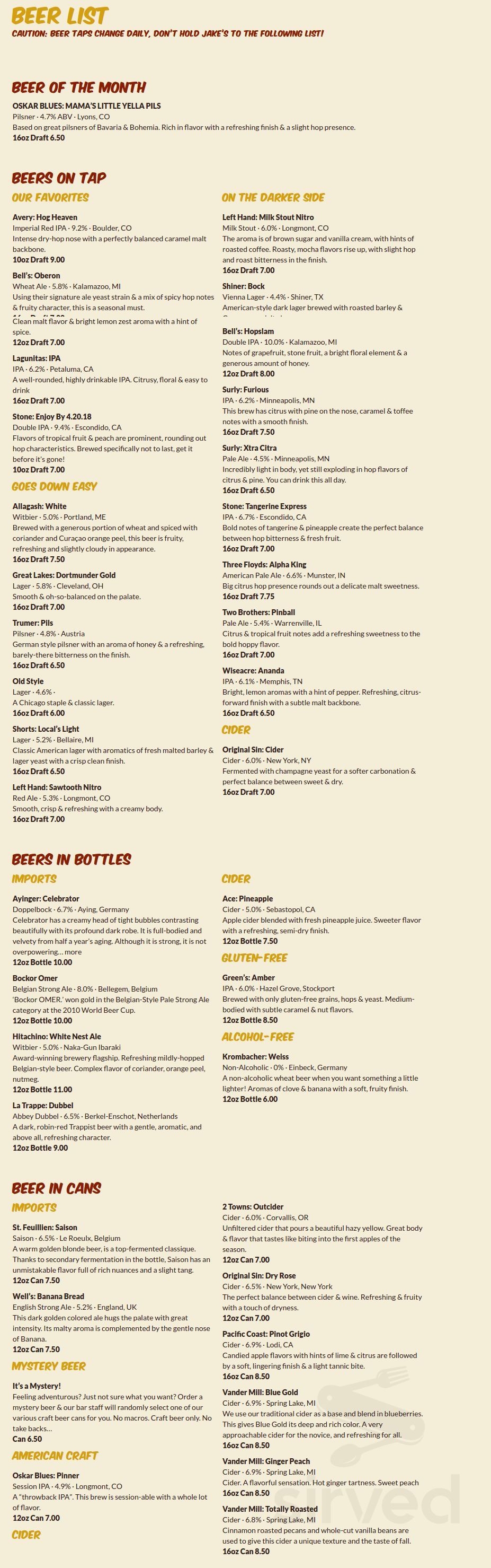 Menu - Chicago IL's Jake Melnick's Corner Tap | Sirved