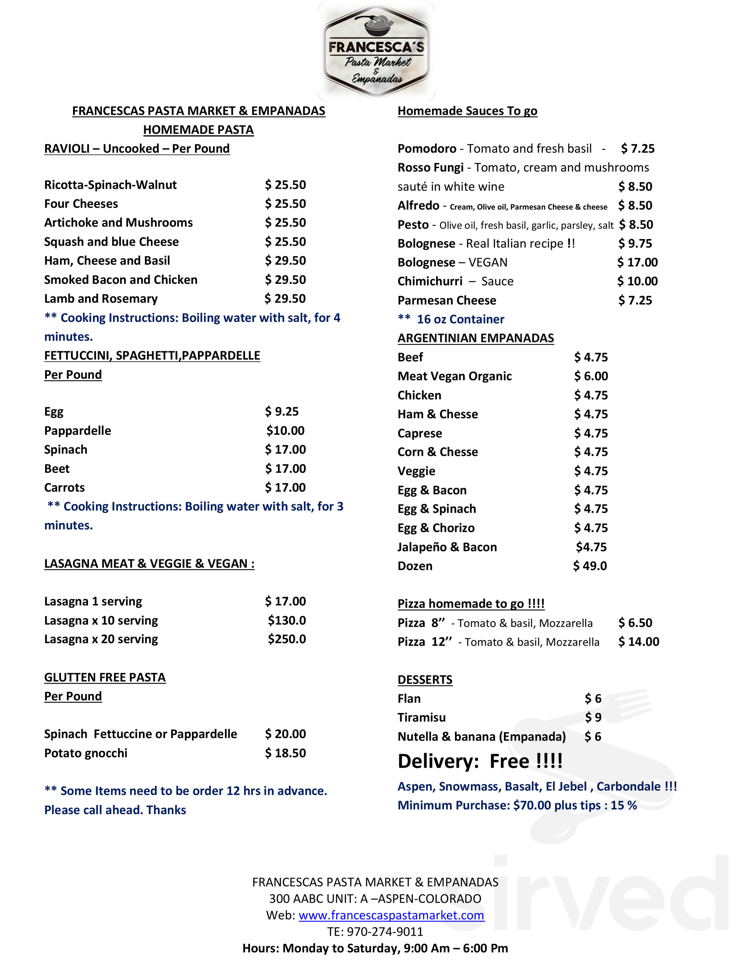 Menu for Francescas Pasta Market & Empanadas in Aspen, Colorado, United ...