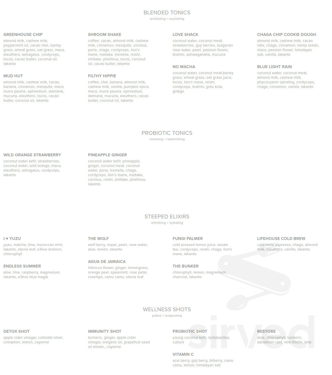 Menu - Los Angeles CA's Lifehouse Tonics + Elixirs | Sirved