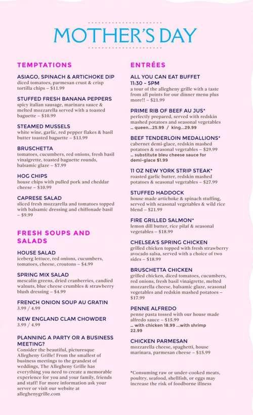 Allegheny Grille menu in Foxburg, Pennsylvania, USA