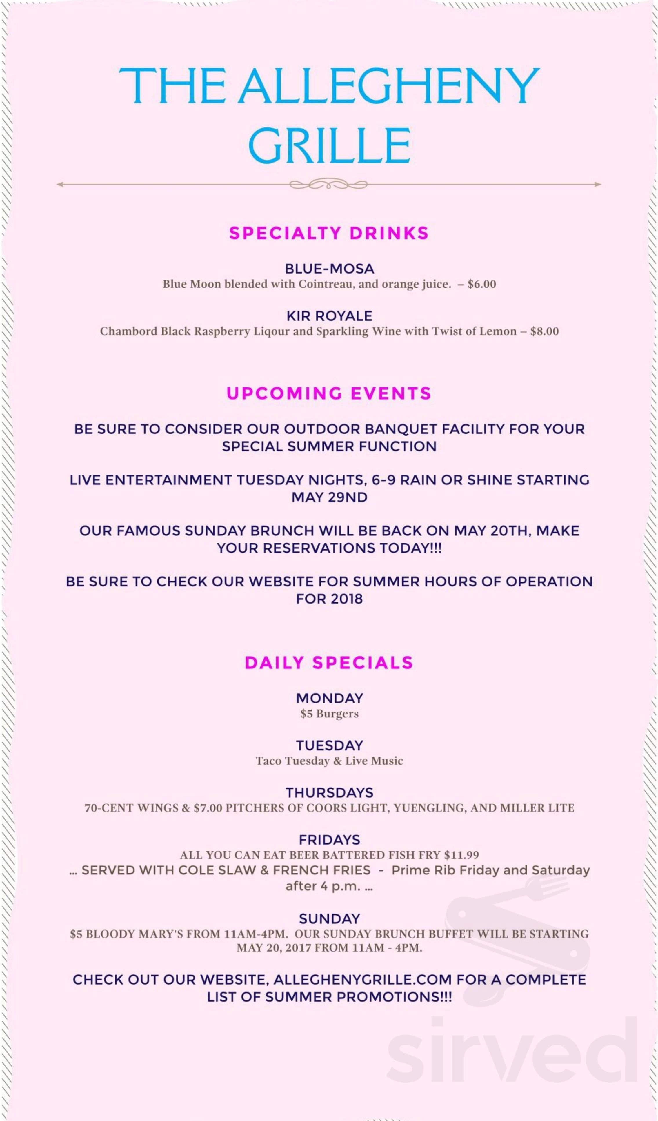 Allegheny Grille menus in Foxburg, Pennsylvania, United States