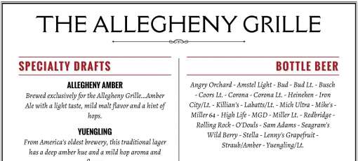 Menu for Allegheny Grille in Foxburg, PA | Sirved