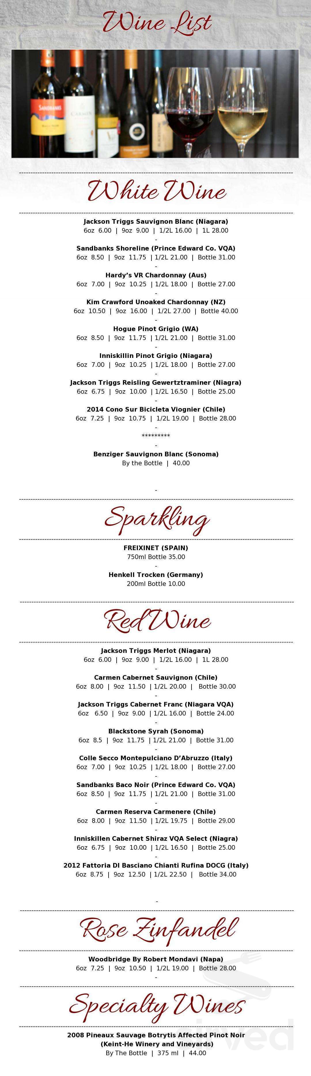 The Waterfront River Pub and Terrace menu in Napanee, Ontario, Canada