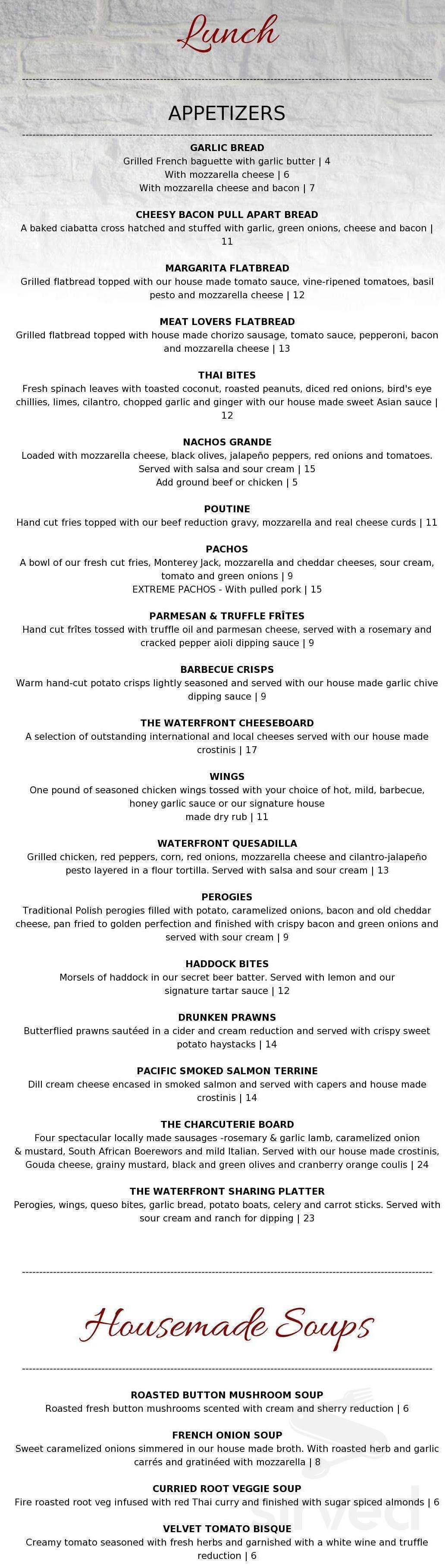Menu for The Waterfront River Pub and Terrace in Napanee, ON | Sirved