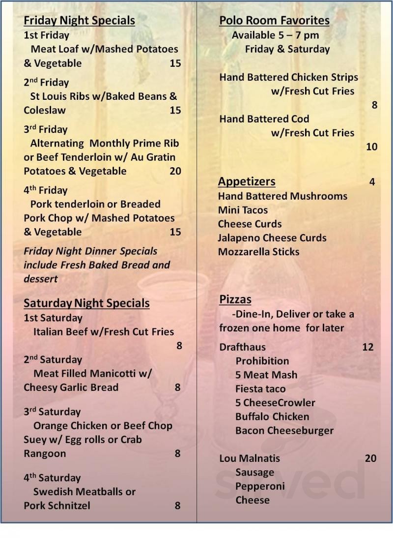 The Polo Room menu in Polo, Illinois, USA