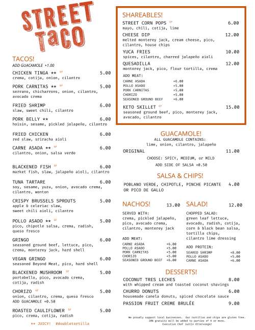 Street Taco menu in New York, New York, USA