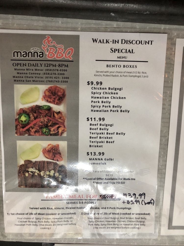 Menu for Manna BBQ in San Marcos, California, United States