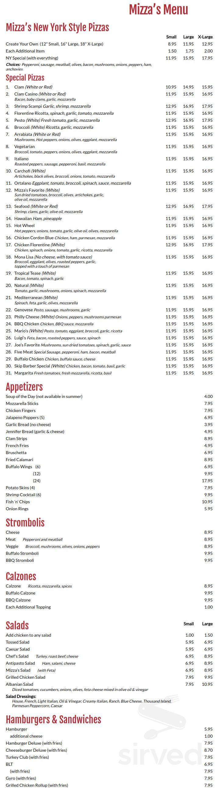 Mizza's menu in Lakeville, Connecticut, USA