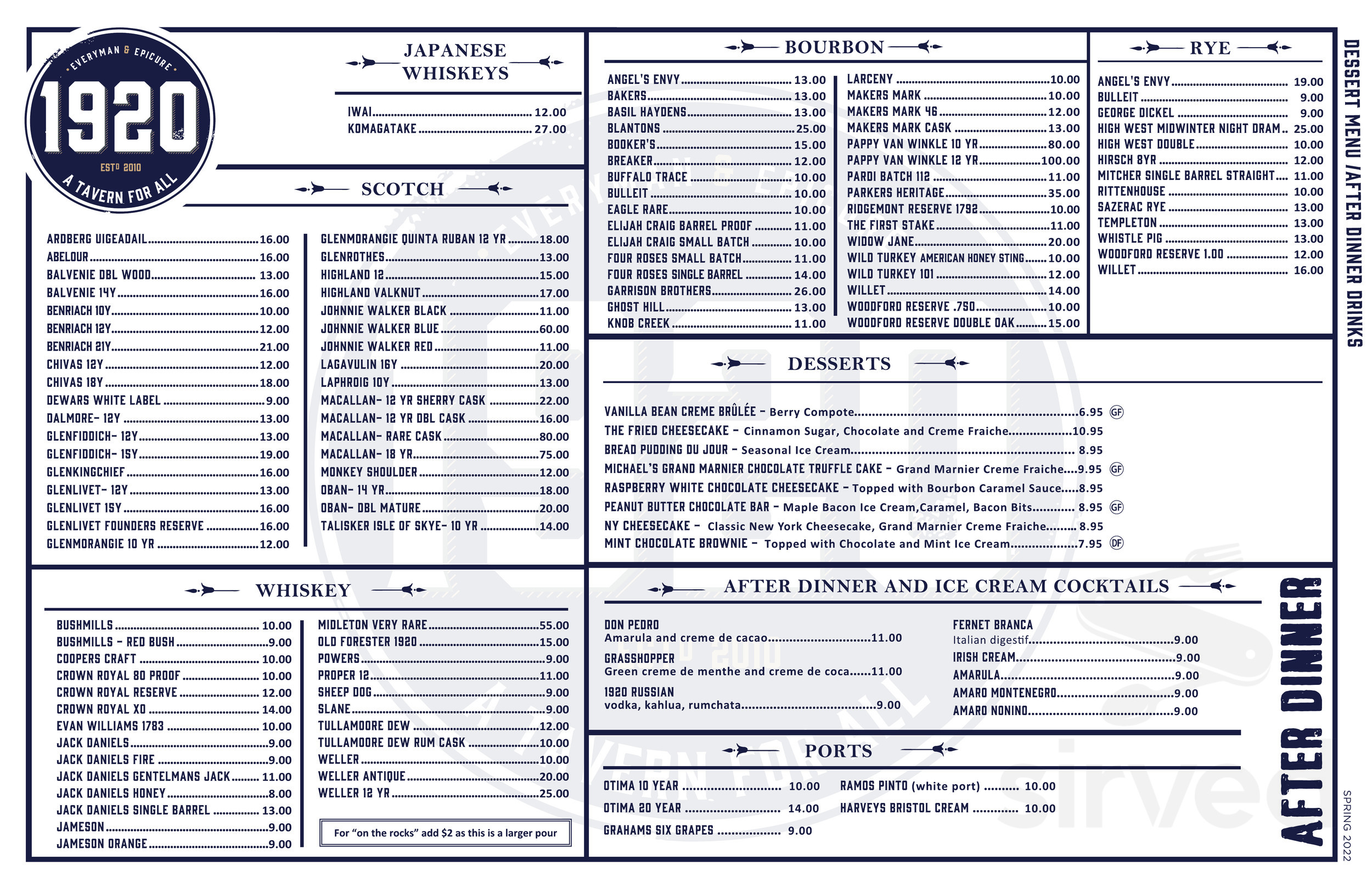 1920 Tavern menu in Roswell, Georgia, USA
