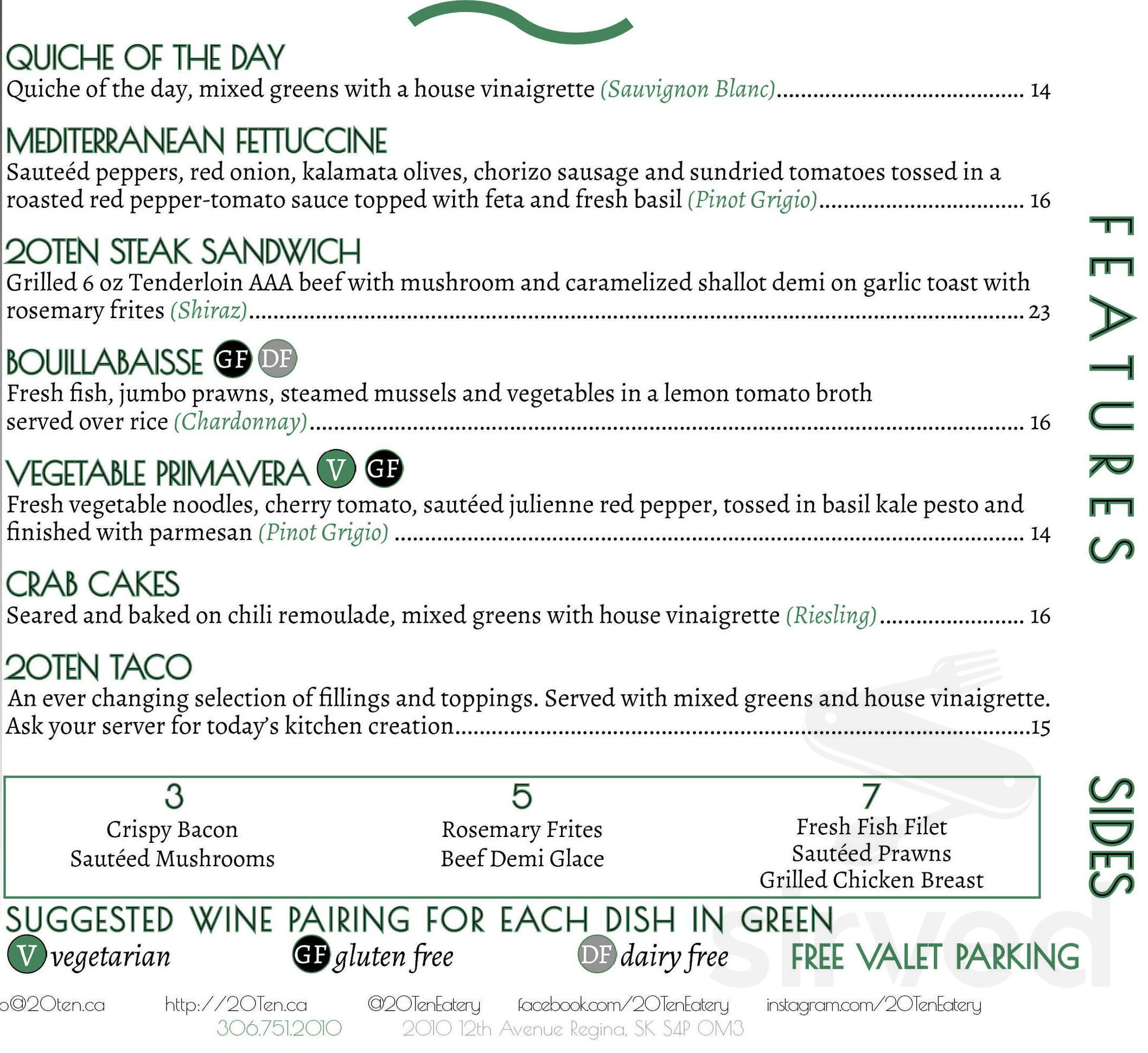 Menu - Regina SK's 20Ten City Eatery | Sirved