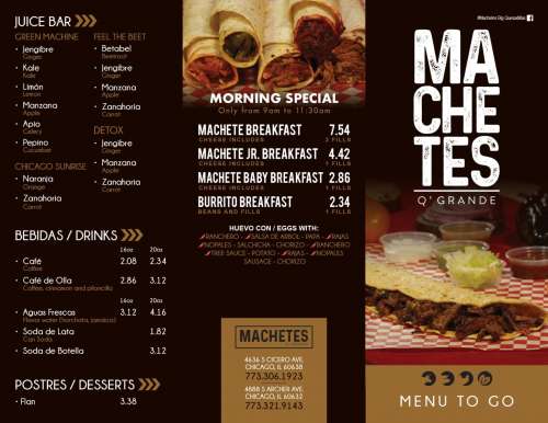 Machetes Big Quesadillas menu in Chicago, Illinois, USA