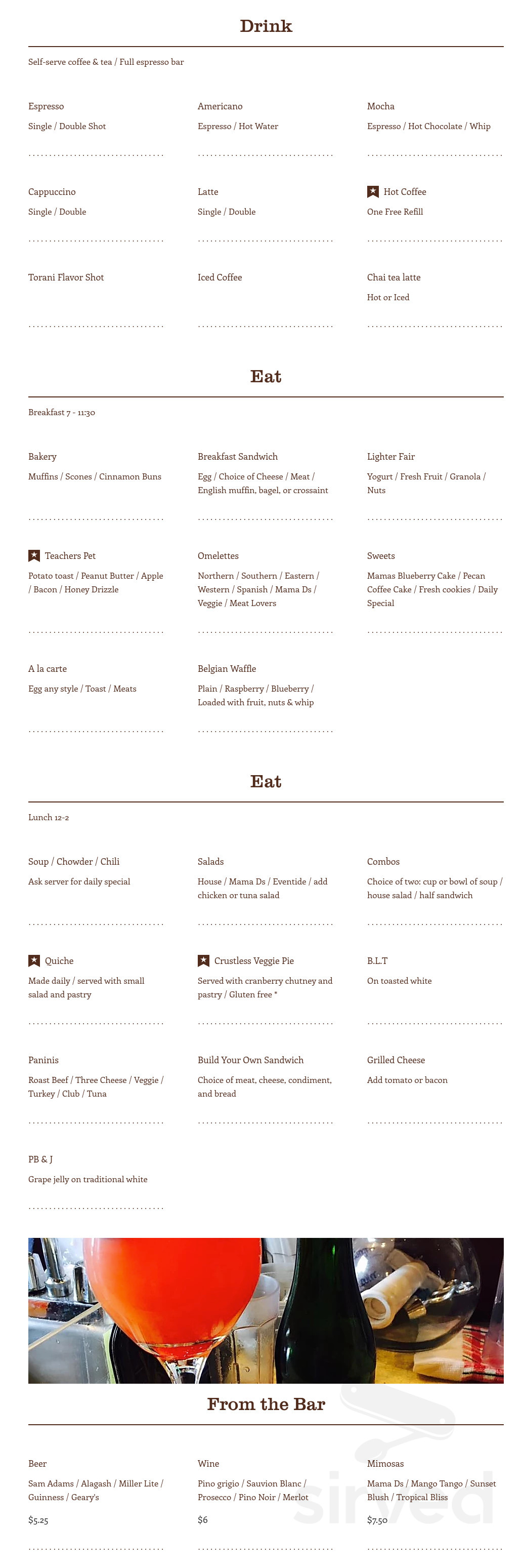 Menu for Mama D's Cafe Mercantile in Boothbay Harbor, ME | Sirved