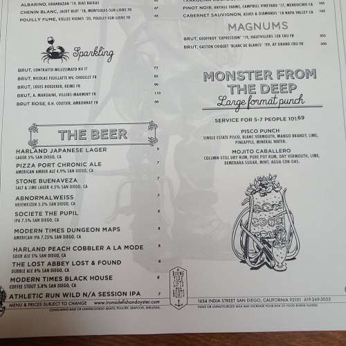 Ironside Fish & Oyster menu in San Diego, California, USA
