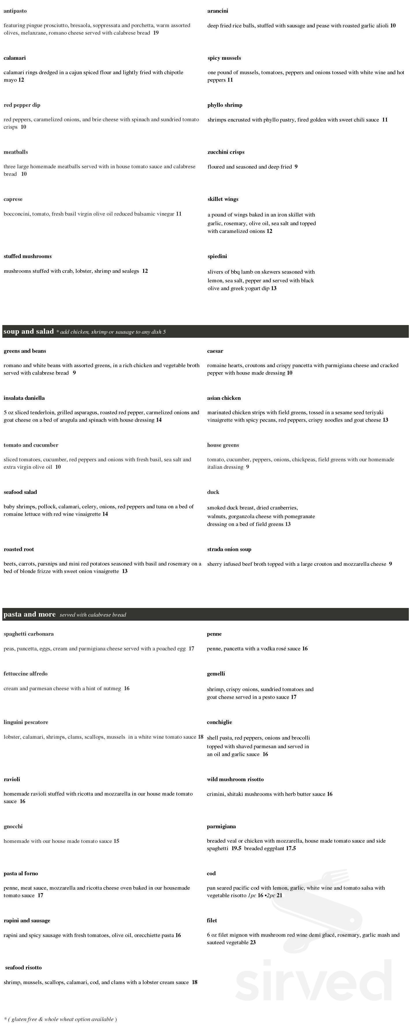 Strada West menu in Niagara Falls, Ontario, Canada