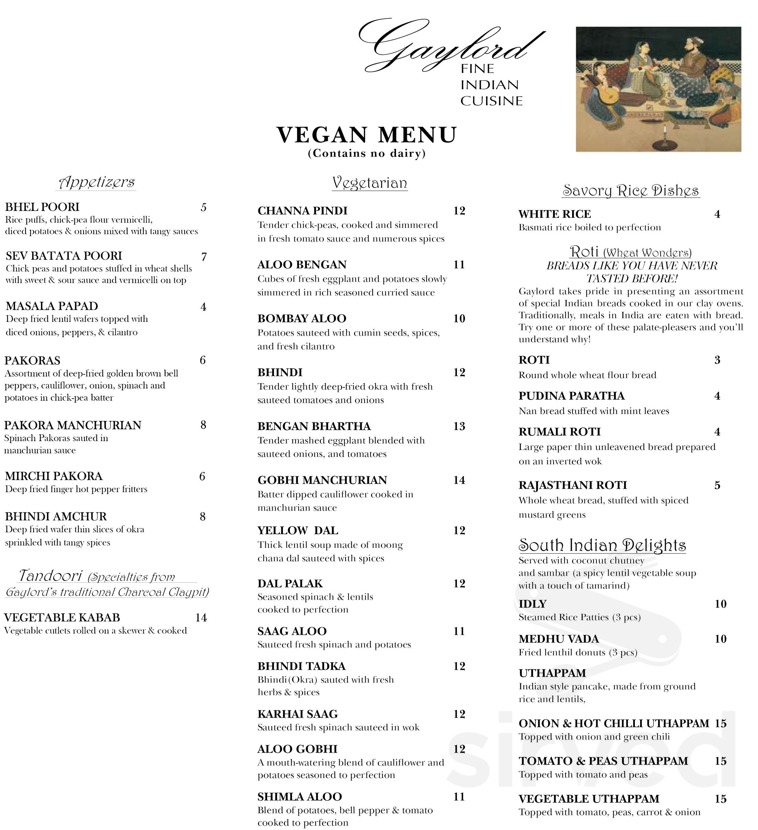 Gaylord Fine Indian Cuisine menu in Chicago, Illinois, USA