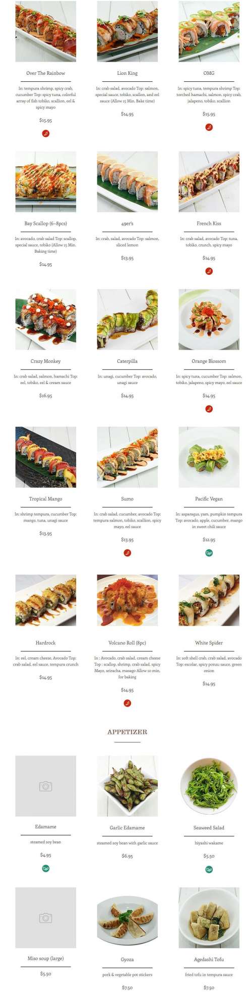 Oma Sushi menu in San Francisco, California, USA