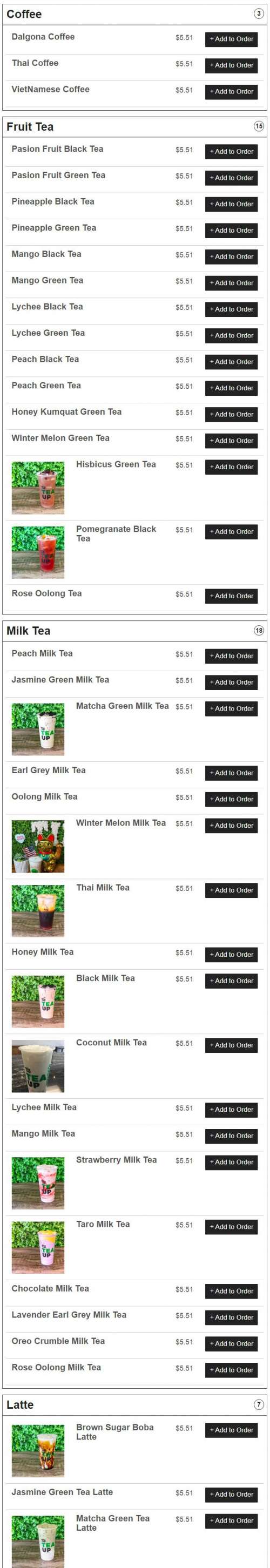 Tea Time menu in Woodstock, Georgia, USA