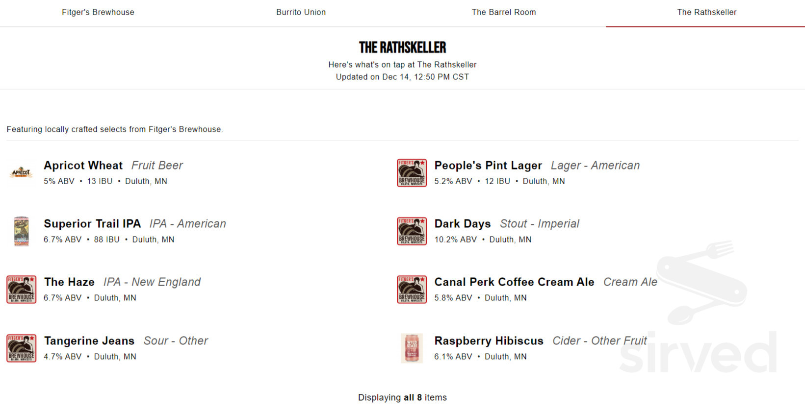 The Rathskeller menu in Duluth, Minnesota, USA