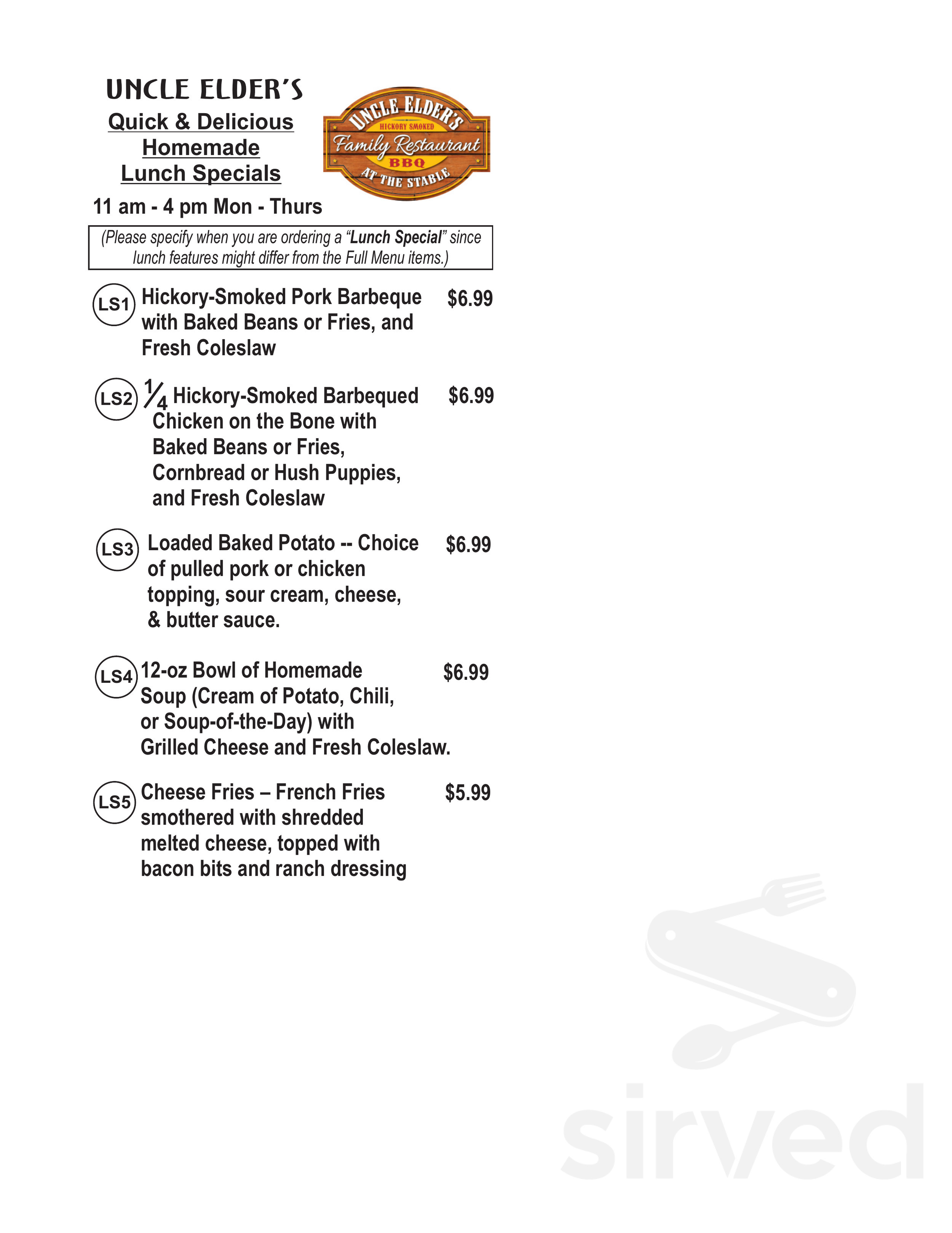 Uncle Elders Family Restaurant BBQ menu in Culpeper, Virginia, USA