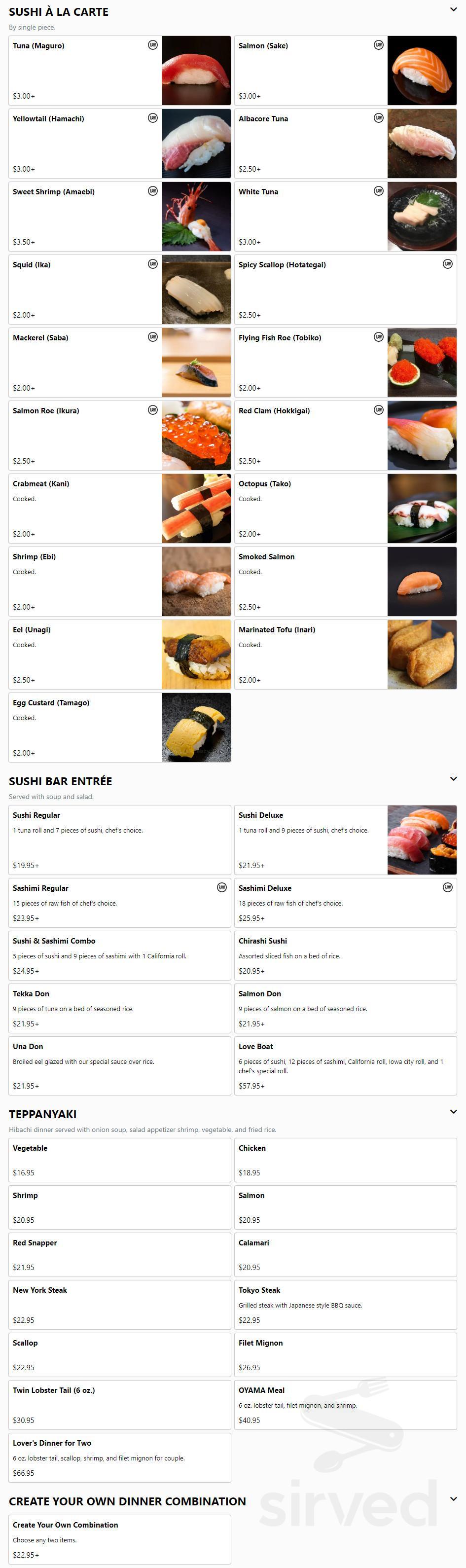 Oyama Sushi & Steakhouse menu in Cedar Rapids, Iowa, USA