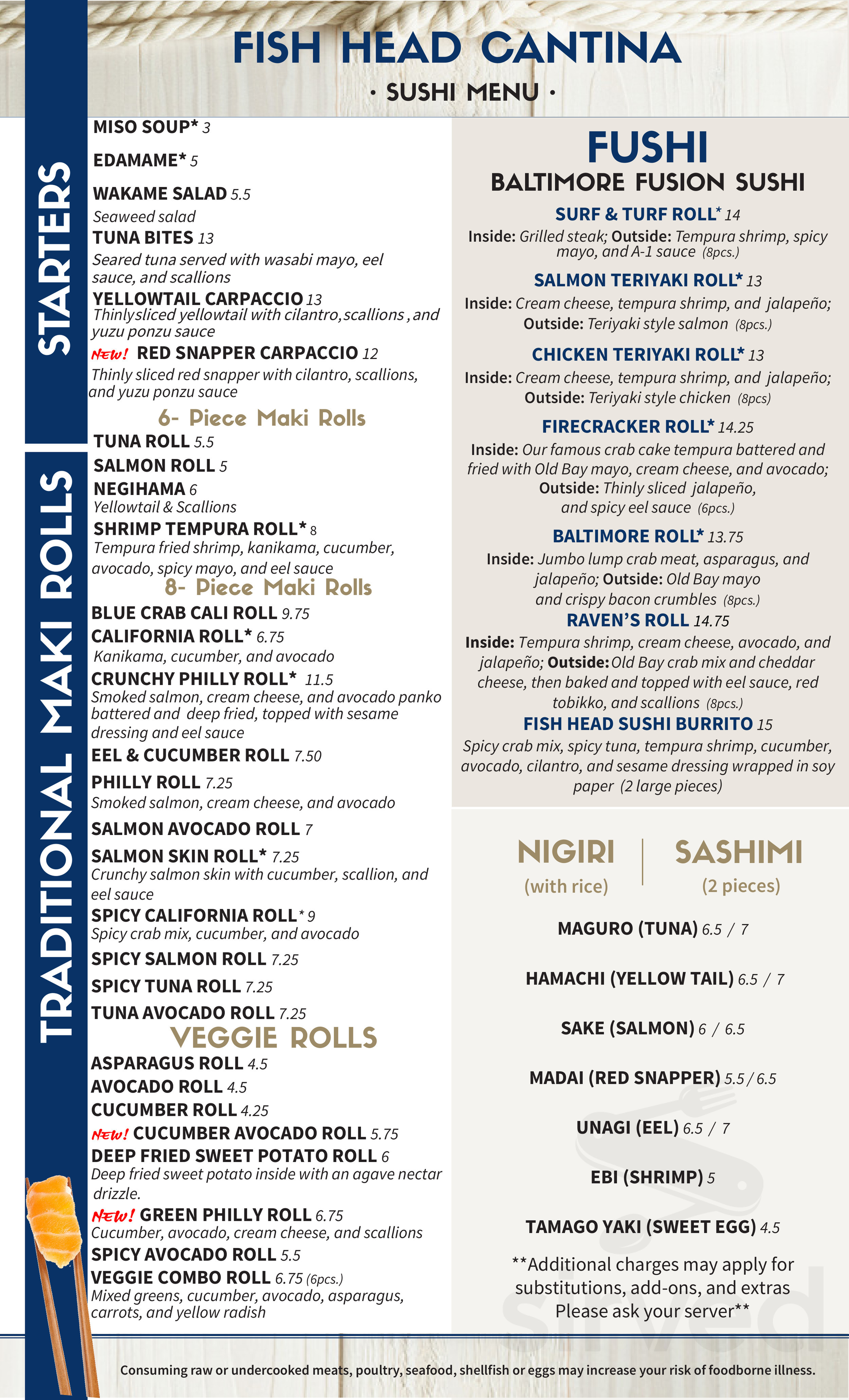 Fish Head Cantina & Rocking Sushi Bar menu in Halethorpe, Maryland, USA
