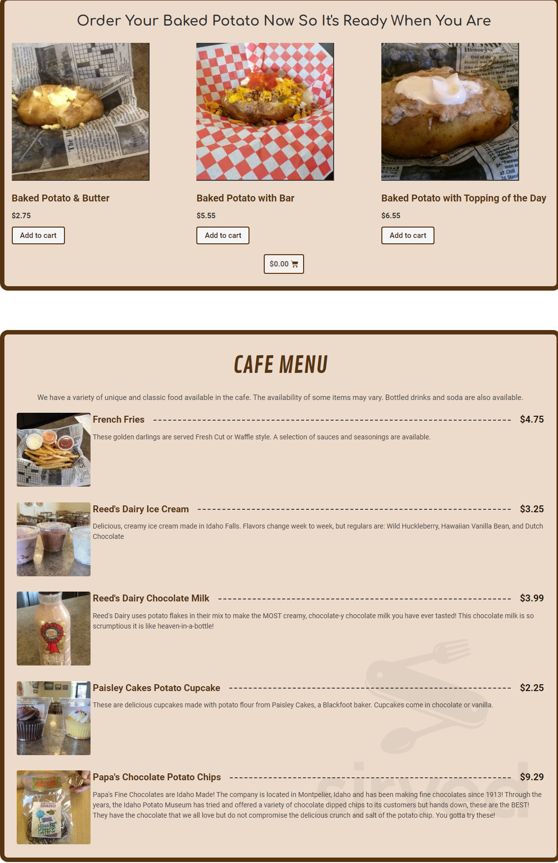 Menu for Idaho Potato Museum & Potato Station Cafe in Blackfoot, ID ...
