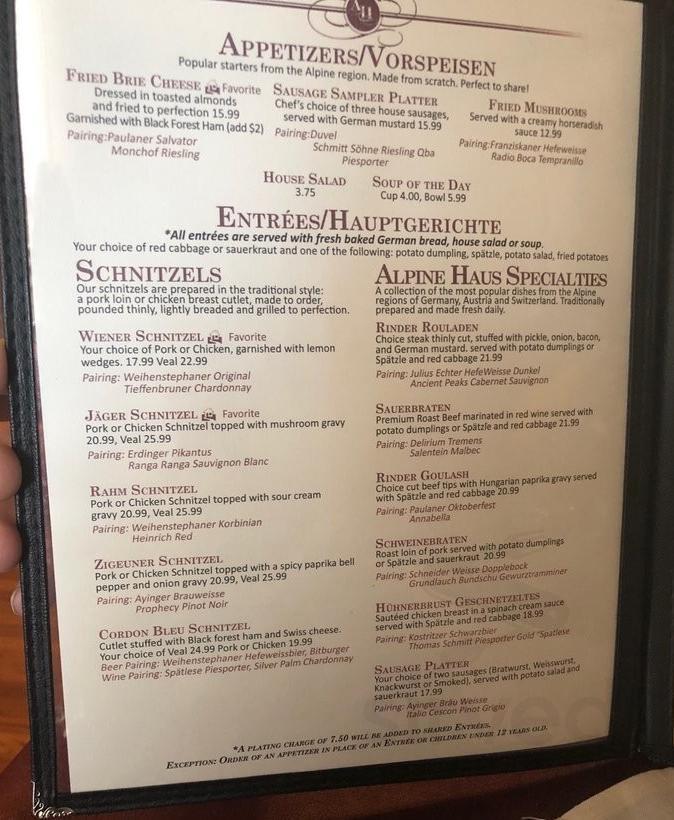Alpine Haus Restaurant menu in New Braunfels, Texas, USA
