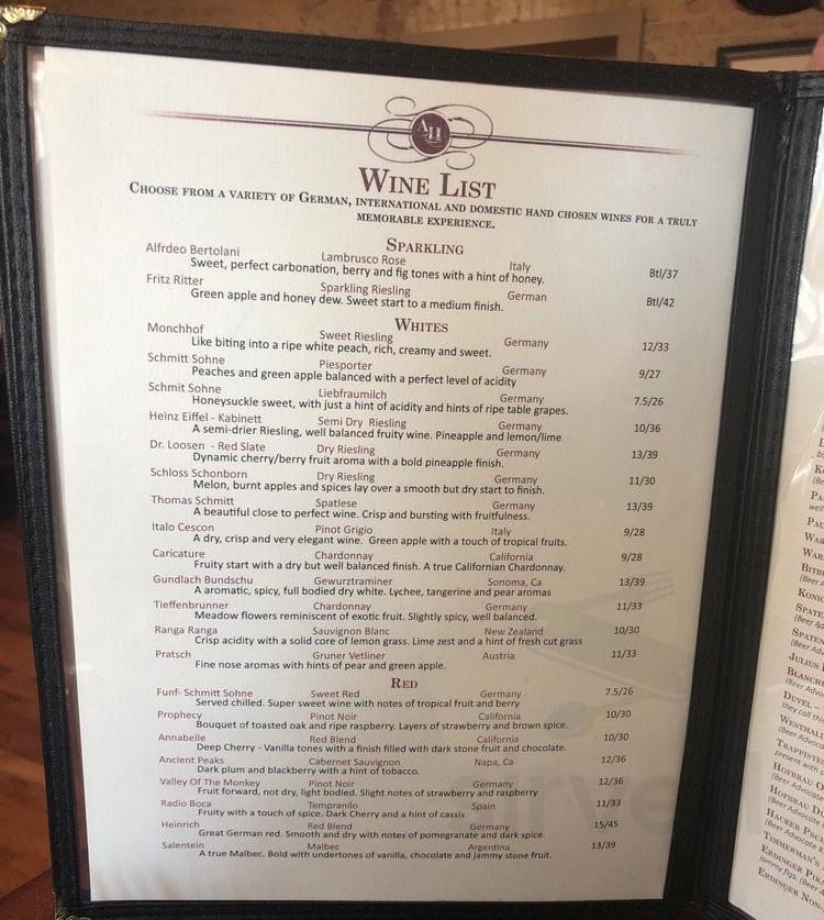 Alpine Haus Restaurant menu in New Braunfels, Texas, USA
