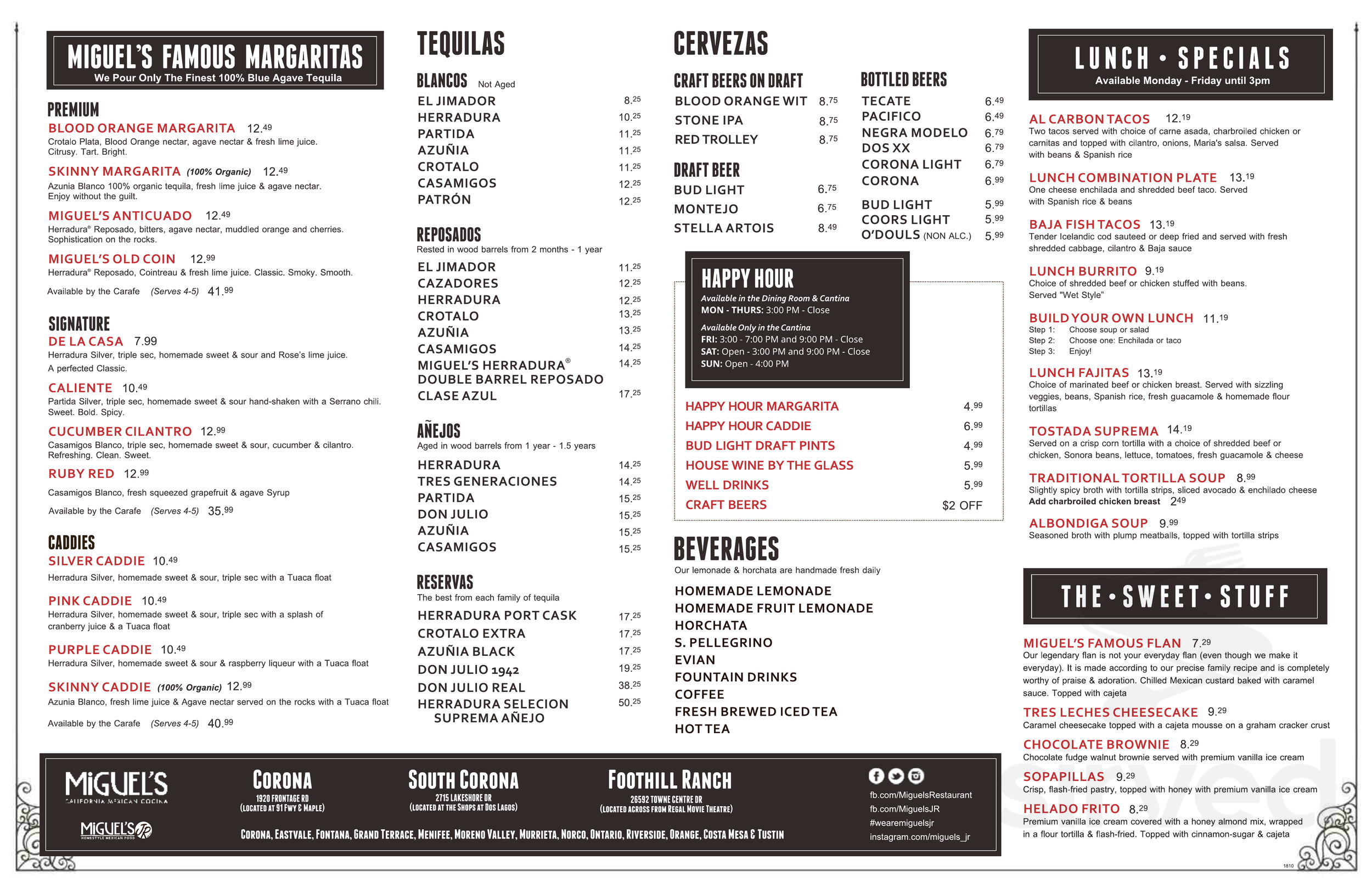 Miguel's California Mexican Cocina menu in Corona, California, USA