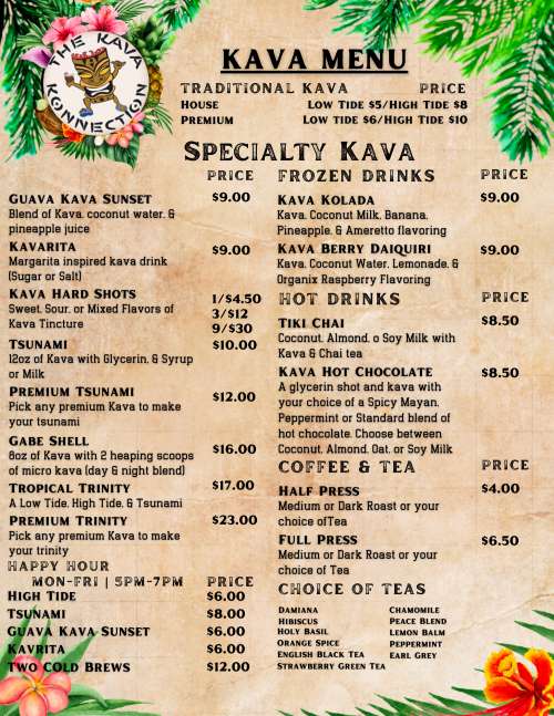 The Kava Konnection menu in Greenville, South Carolina, USA