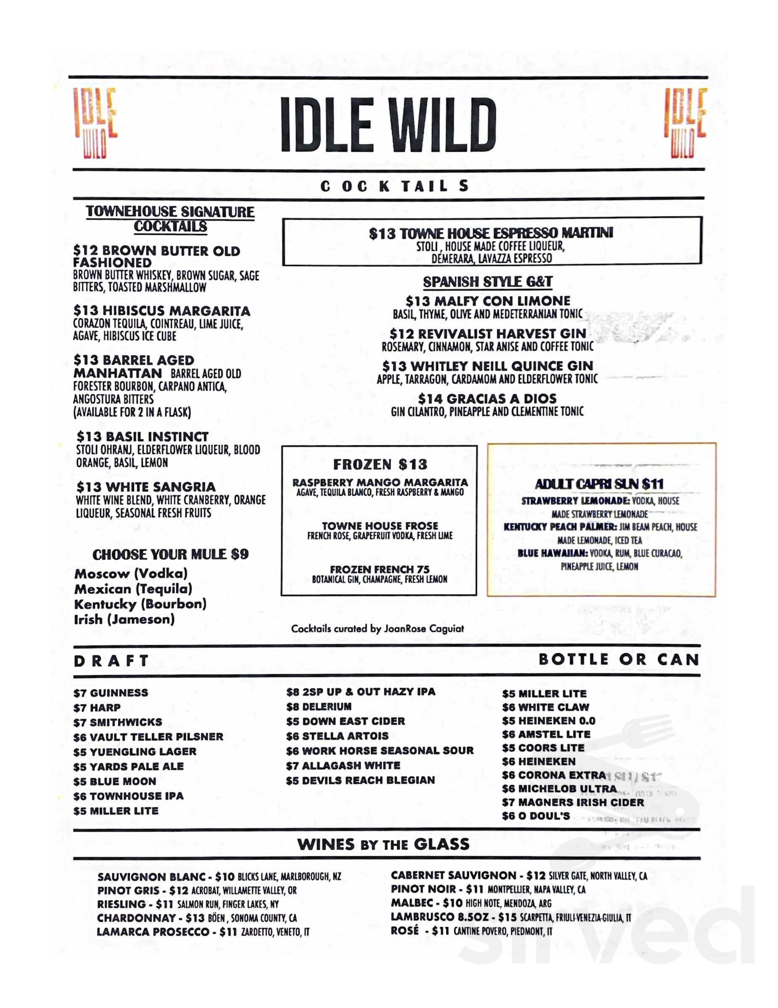 IdleWild menu in Media, Pennsylvania, USA