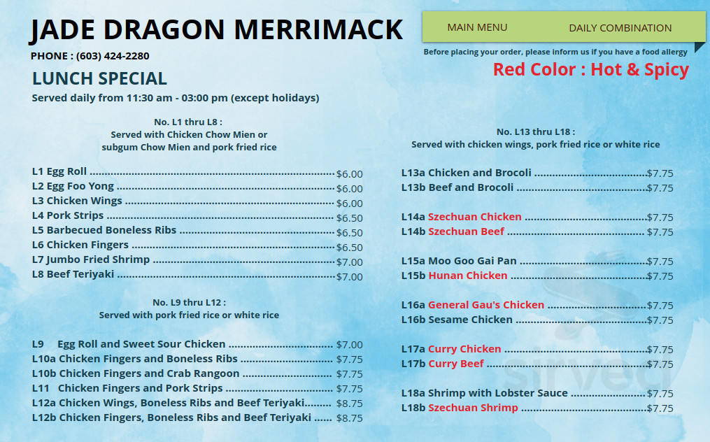 Jade Dragon menus in Milford, New Hampshire, United States