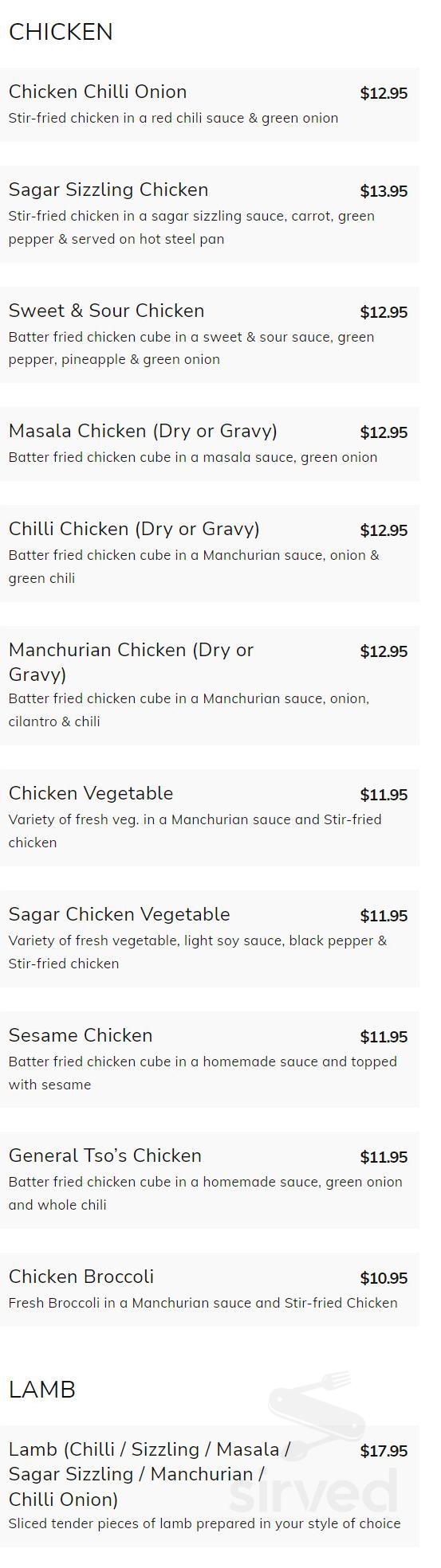 Sagar Chinese menu in Queens, New York, USA