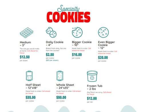 The Cookie Company menu in Lincoln, Nebraska, USA
