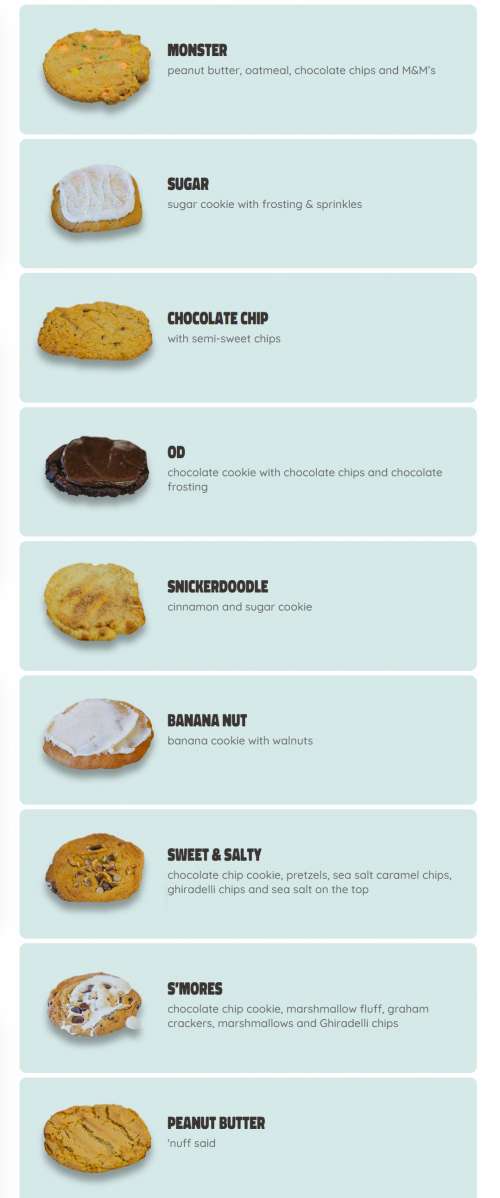 The Cookie Company menu in Lincoln, Nebraska, USA