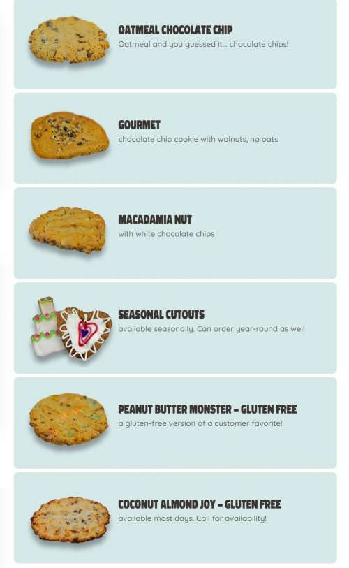 The Cookie Company menu in Lincoln, Nebraska, USA