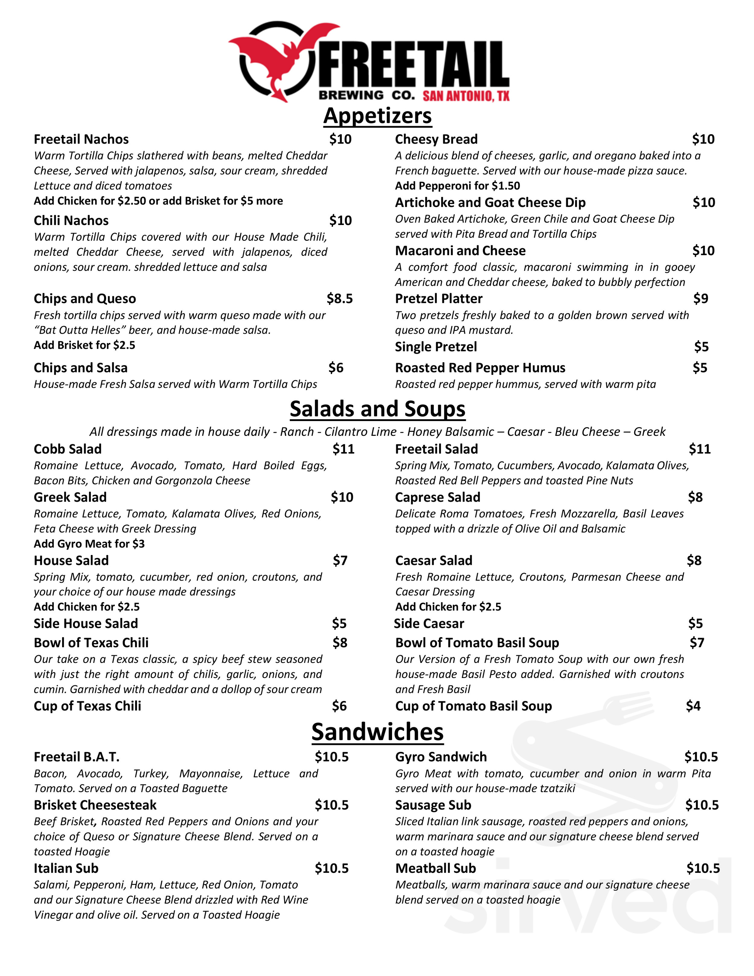 Freetail Brewing Co. menu in San Antonio, Texas, USA