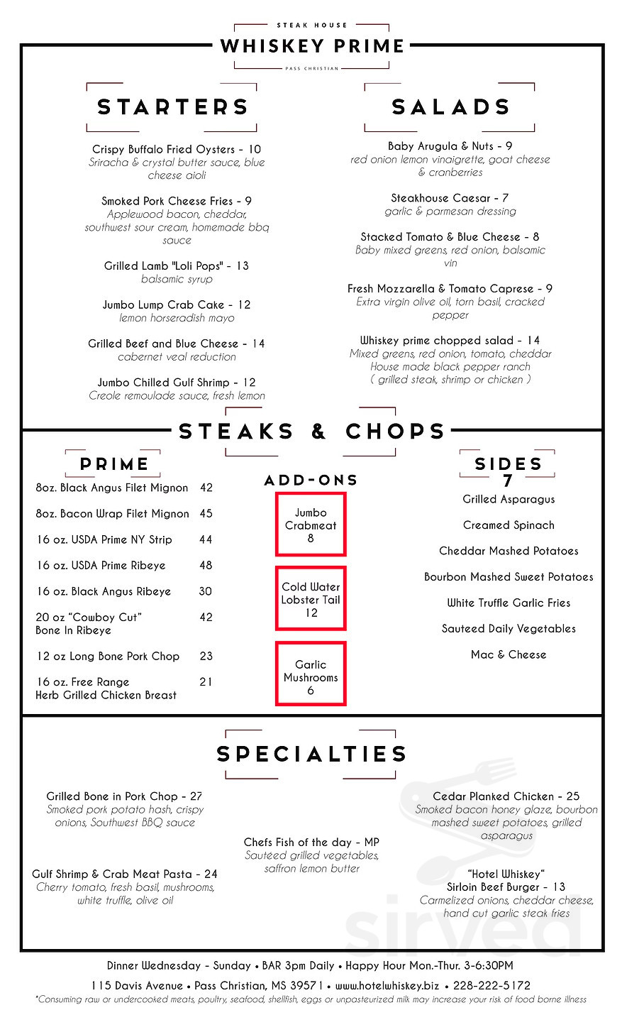 Whiskey Prime Menu - Pass Christian, Mississippi | Sirved