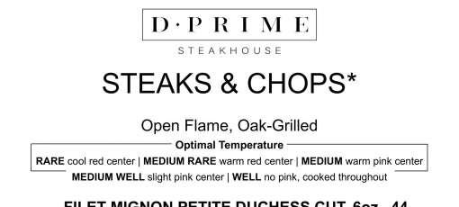 Menu for D.PRIME Steakhouse in Detroit, MI | Sirved