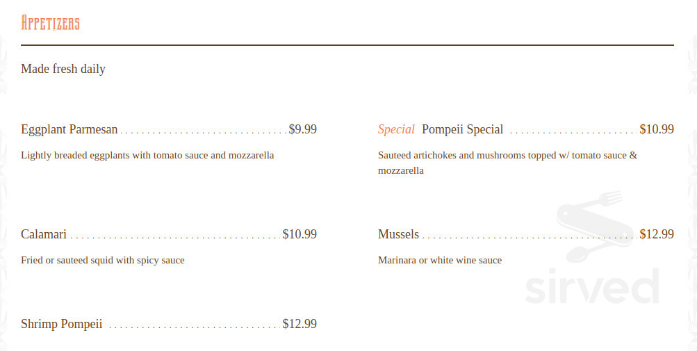 Menu for Pompeii Italian Grill in San Antonio, TX | Sirved