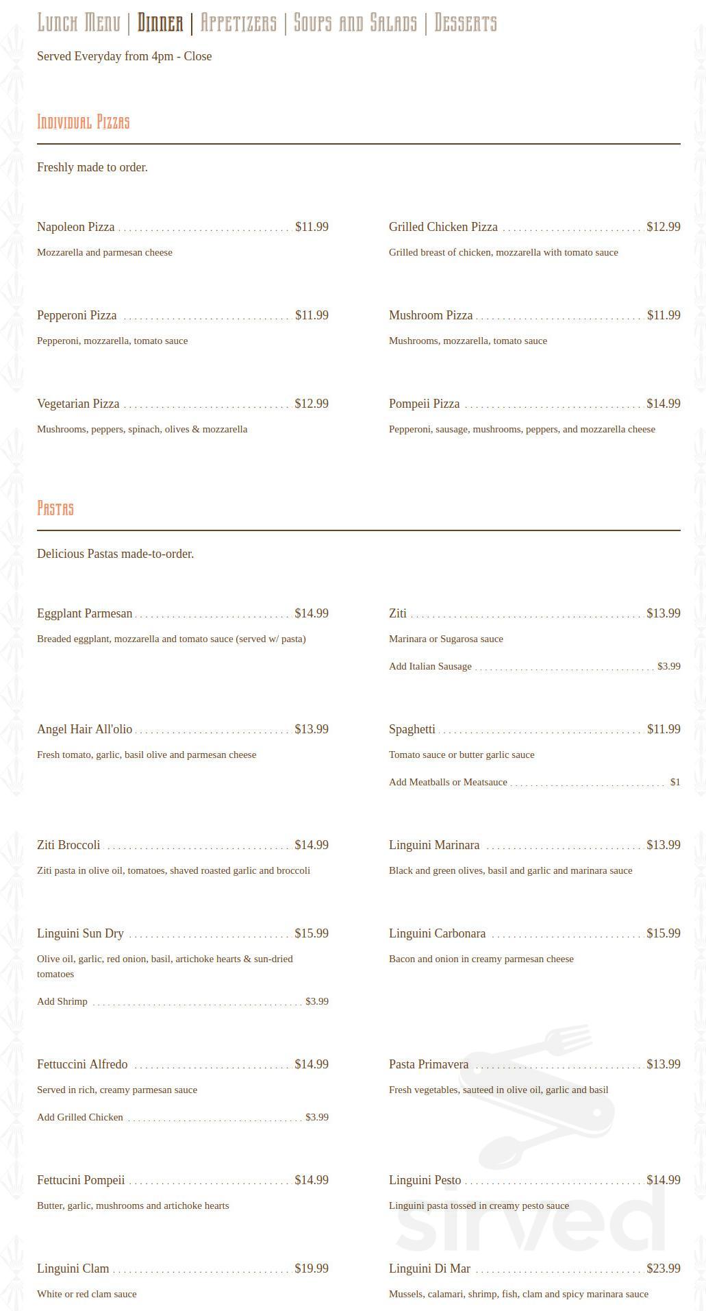 Menu for Pompeii Italian Grill in San Antonio, TX | Sirved