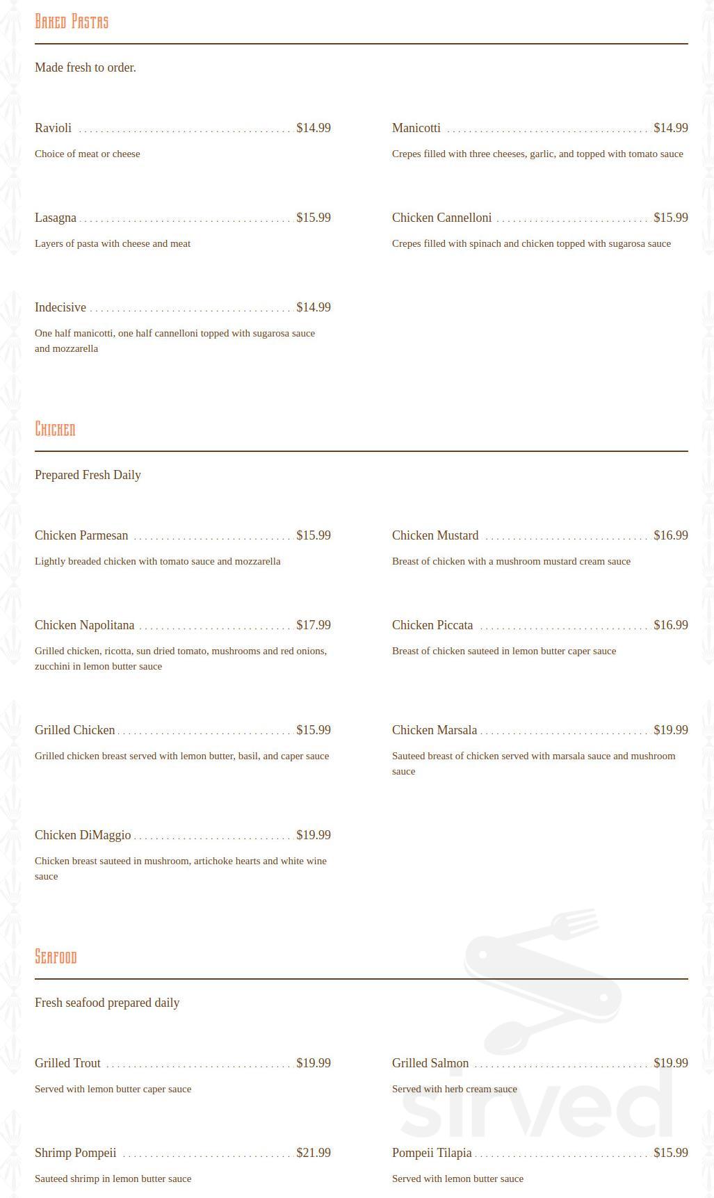 Pompeii Italian Grill menu in San Antonio, Texas, USA