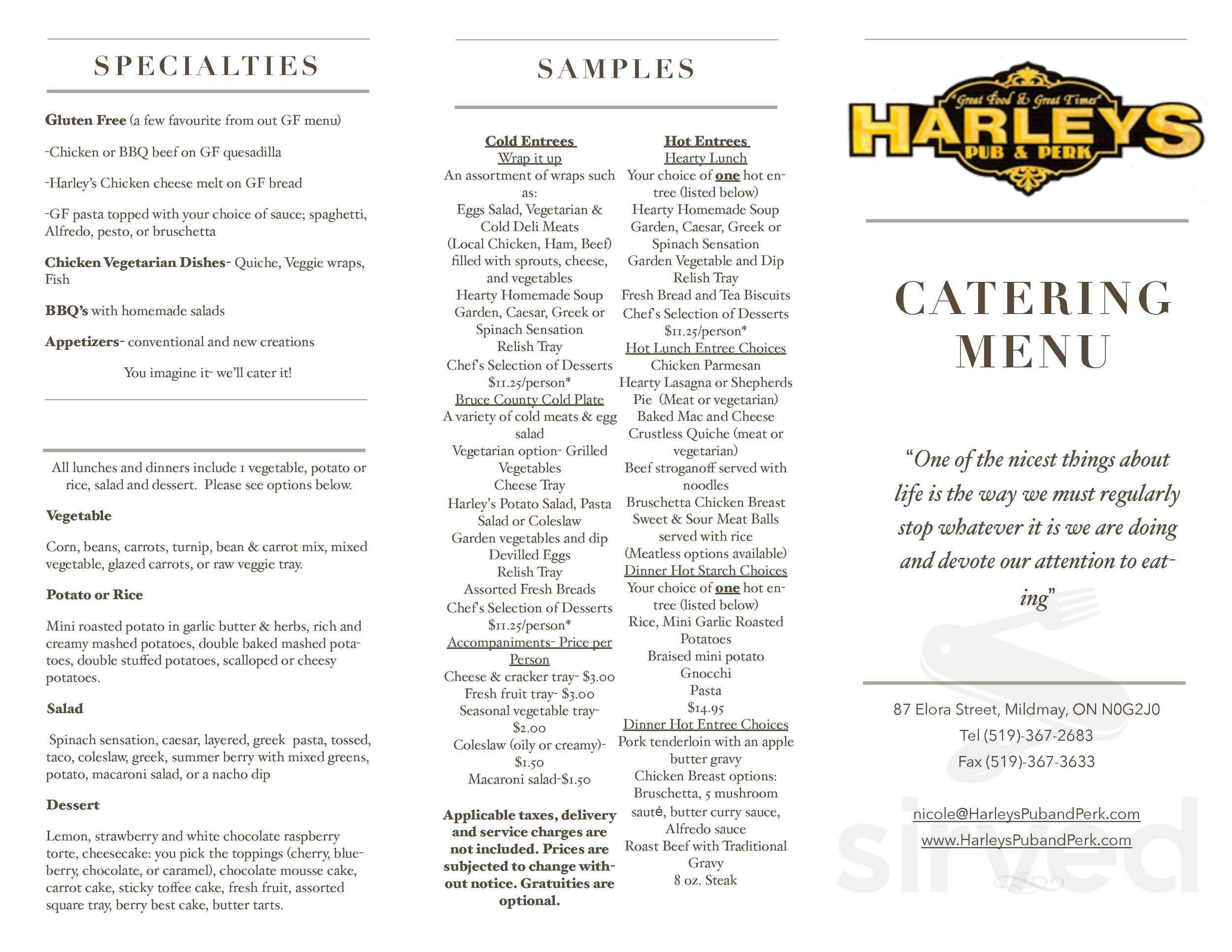 Harley's Pub and Perk menus in Mildmay, Ontario, Canada